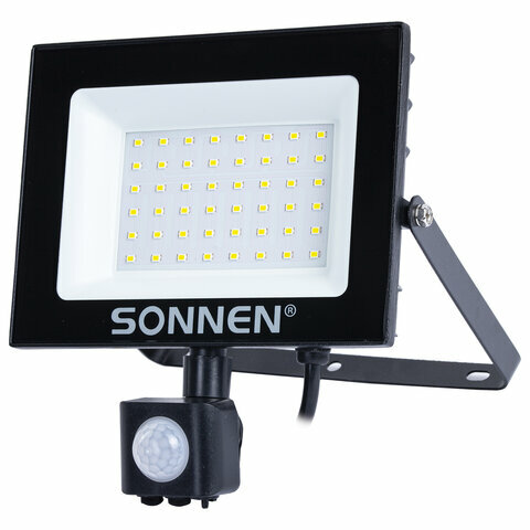 Прожектор светодиодный с датчиком движения 50 Вт, 6500 К, 4000 Лм, 50 м2, IP65, 187х176х51 мм, черный, SONNEN, 238418