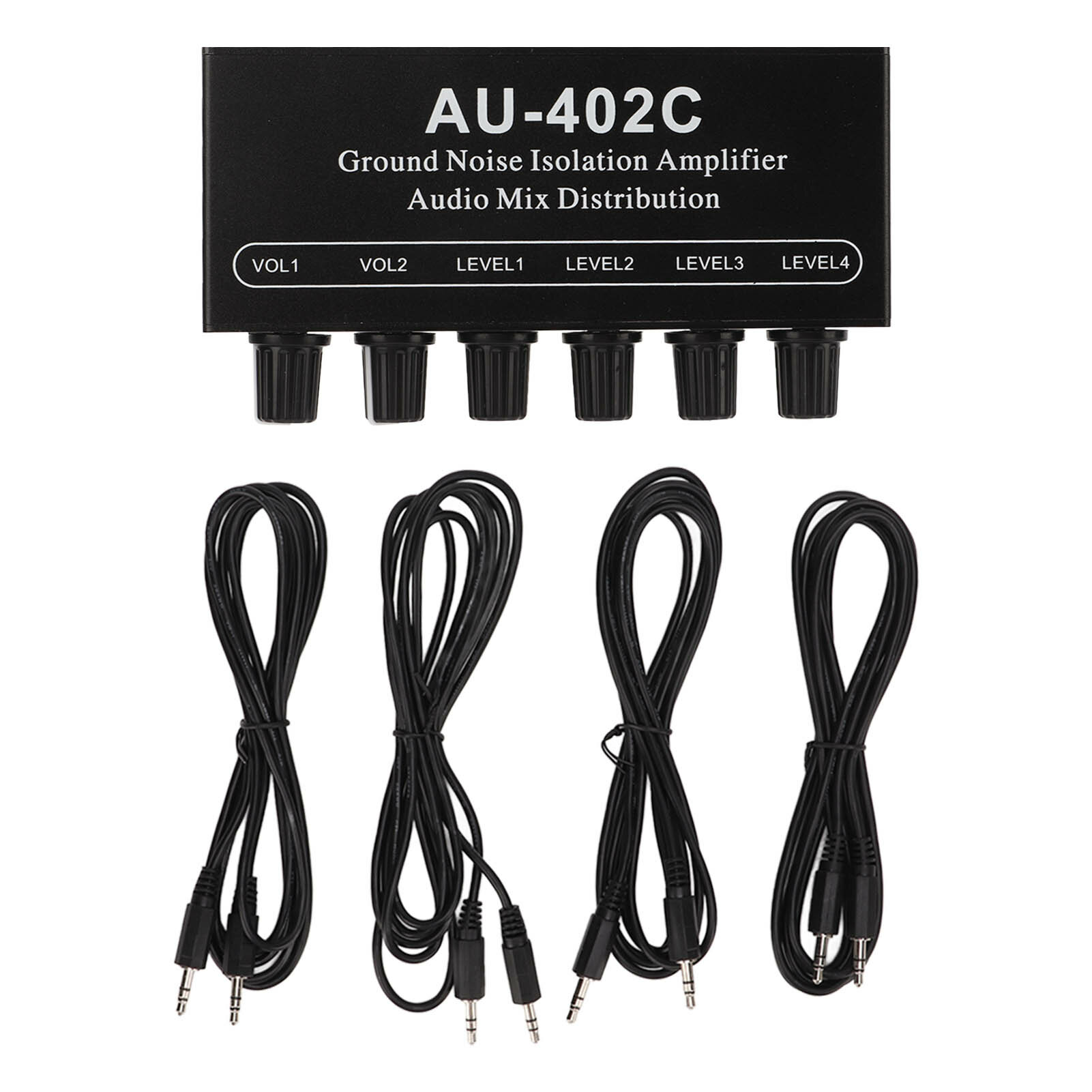 Стереофонический двухканальный аудиоразветвитель 4 входа 2 выхода, микшер, усилитель с шумоподавлением и кабелем.