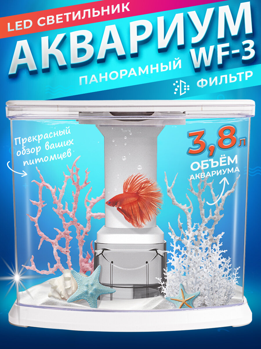 Аквариум для рыбок Pawgether WF-3 панорамный 3,8 л, настольный с фильтром и светильником