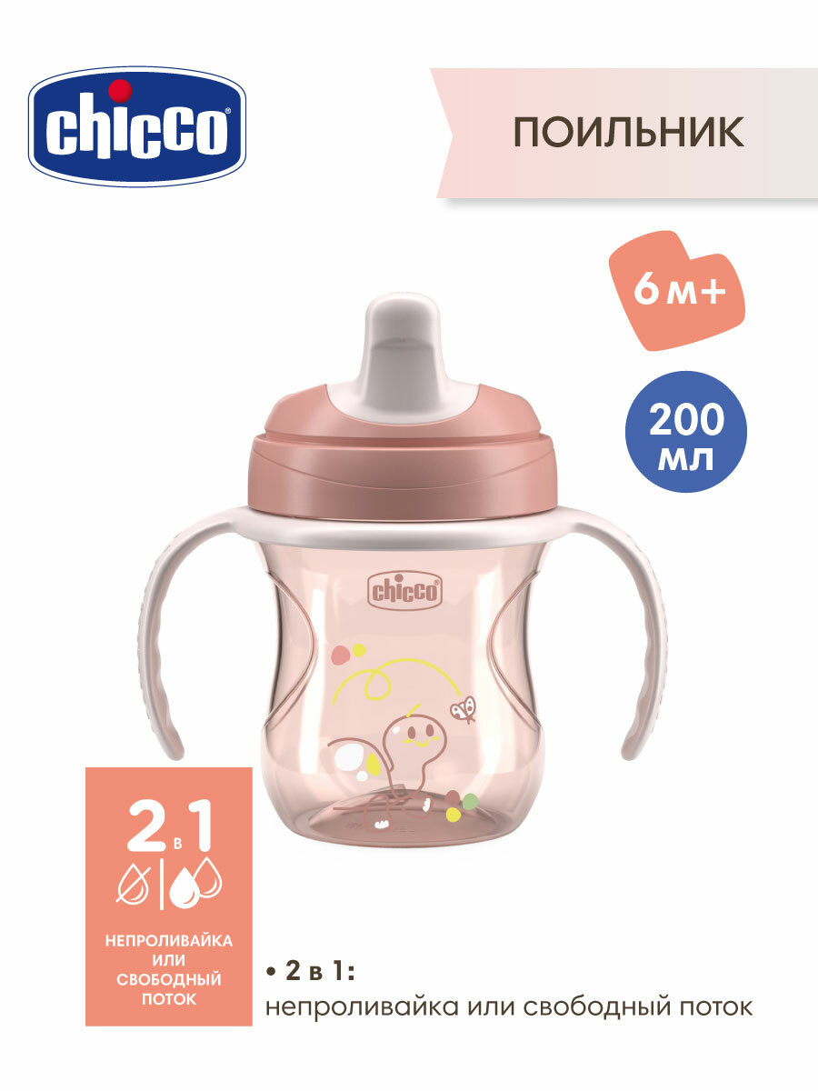 Поильник-непроливайка детский Chicco Transition Cup, 200 мл, 6 мес+, розовый