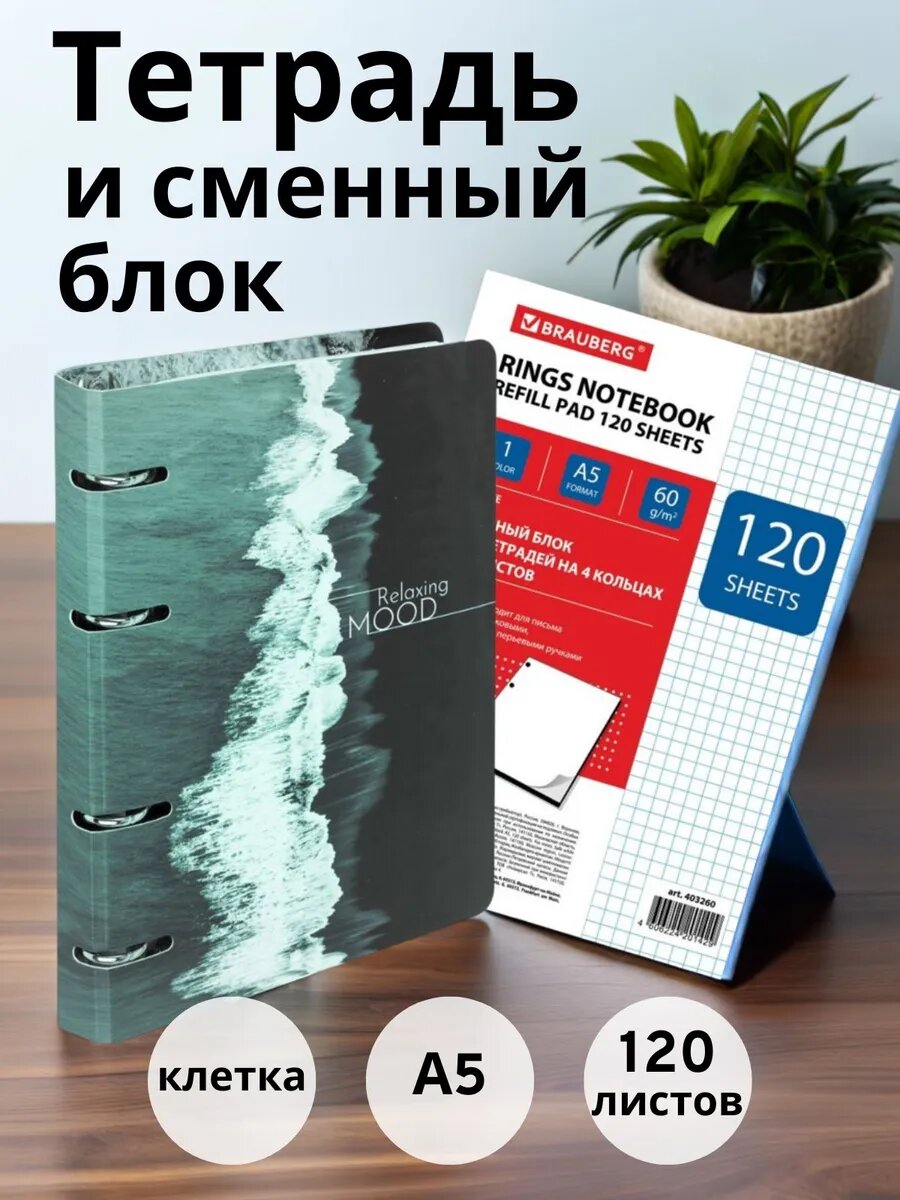 Тетрадь BRAUBERG "Океан", на кольцах, клетка, формат A5, 120 листов+сменный блок
