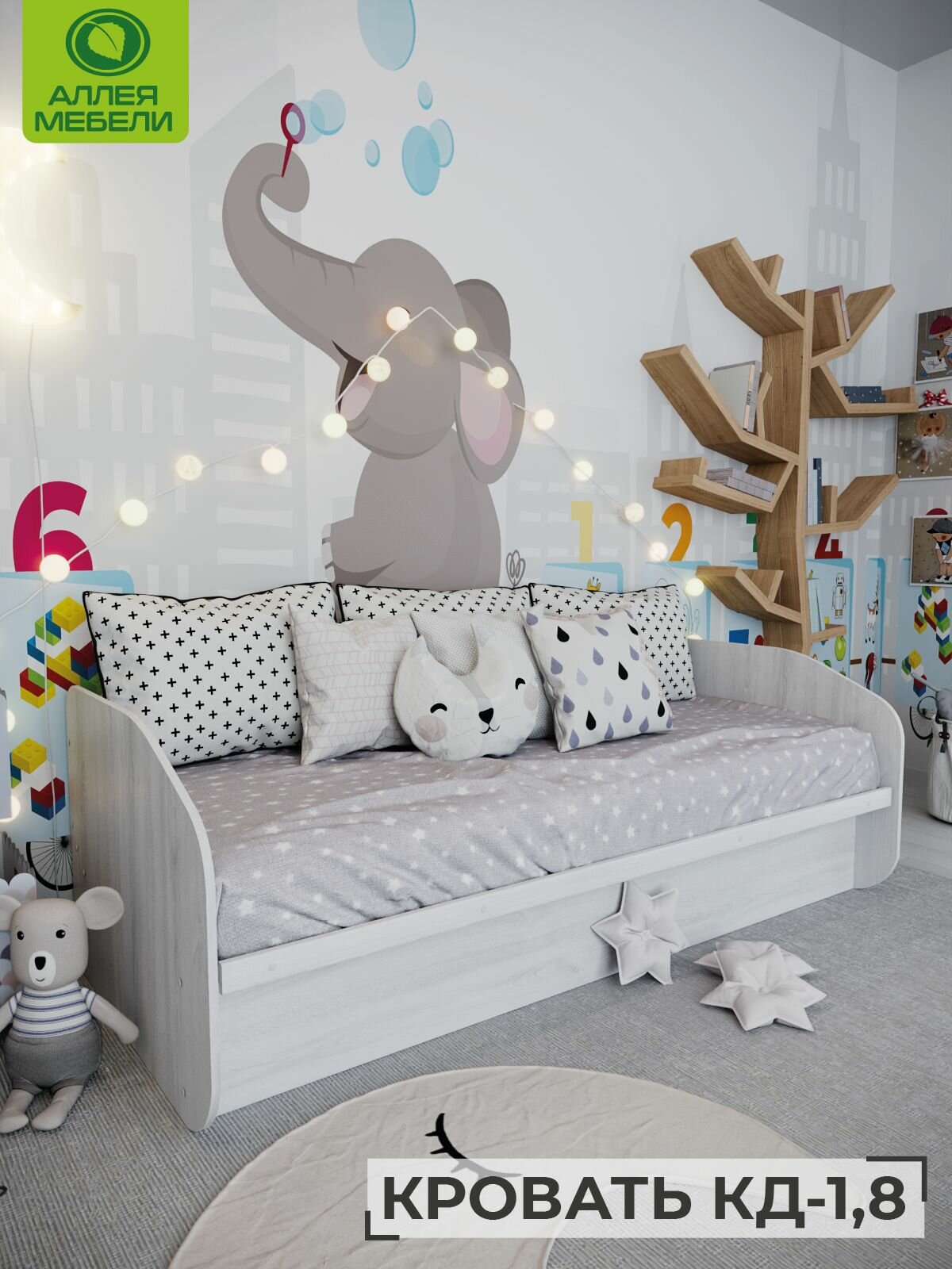 Односпальная кровать КД-1,8 с подъемным механизмом, с ящиками для хранения вещей, 90х200 см, Дуб крафт белый