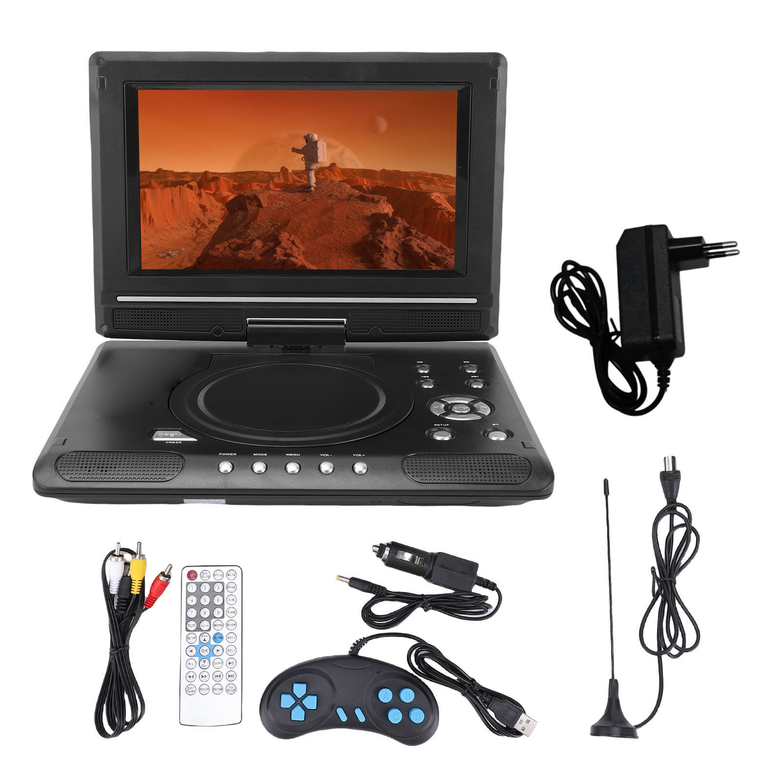 Портативный DVD-плеер с двумя динамиками. Антенны. Поворотный экран. Удаленный автомобильный DVD-плеер. Поддержка USB-входа. AV-выход. Несколько форматов дисков. Вилка европейского стандарта.