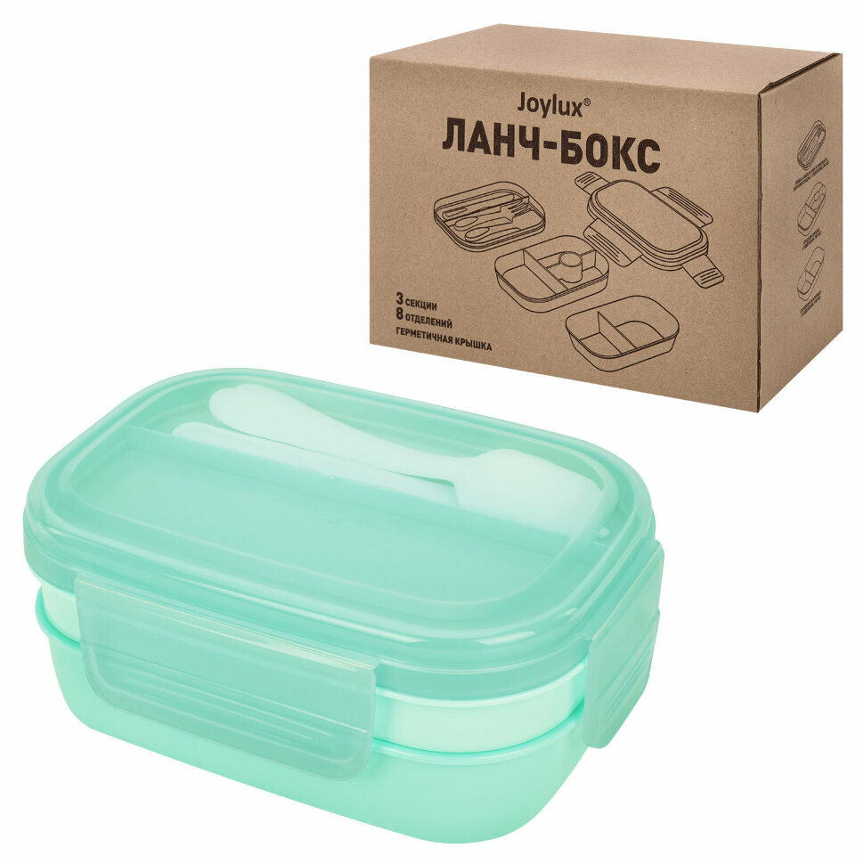 Ланч-бокс контейнер, 3 секции, 8 отделений, 1,9 л, ложка, вилка, нож, 10х21х14 см, мятный, JOYLUX (джойлюкс), 609350, 609350