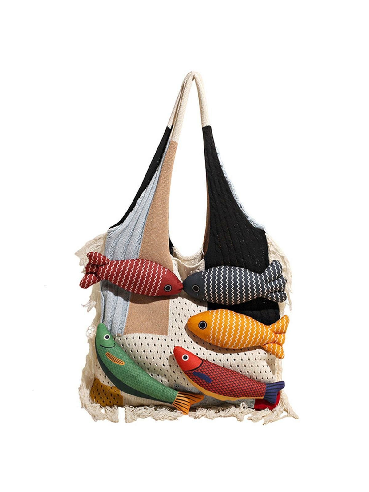 Модная вязаная сумка большого размера в стиле пэчворк с рисунком рыбы, универсальная сумка для ежедневного использования, ноутбука, книг, косметики, практичная конструкция из полиэстера