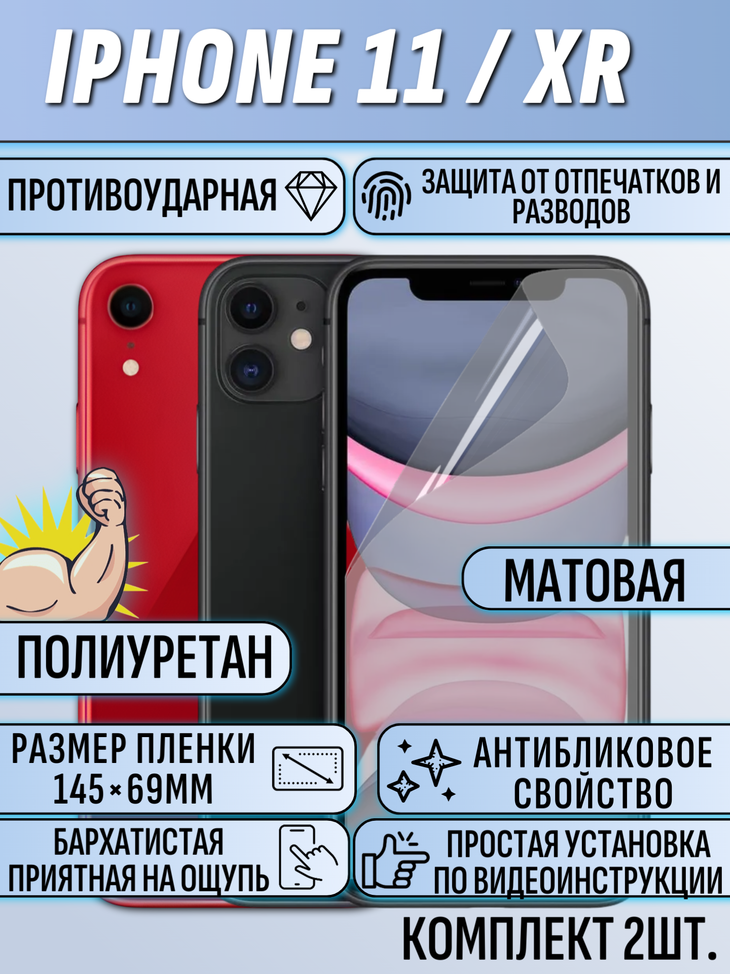 Гидрогелевая пленка для Apple iphone xr / 11 защитная полиуретановая матовая на весь экран 2шт