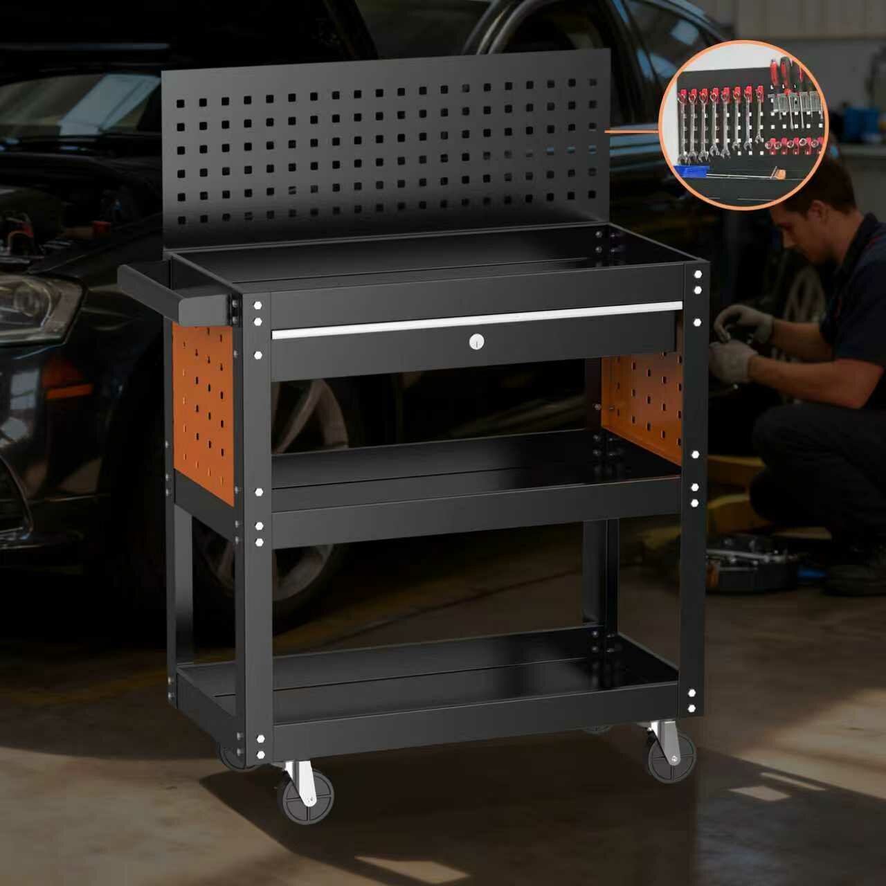 Тяжелая 3-уровневая тележка для инструментов с тормозом для автосервисов, заводов, мастерских.