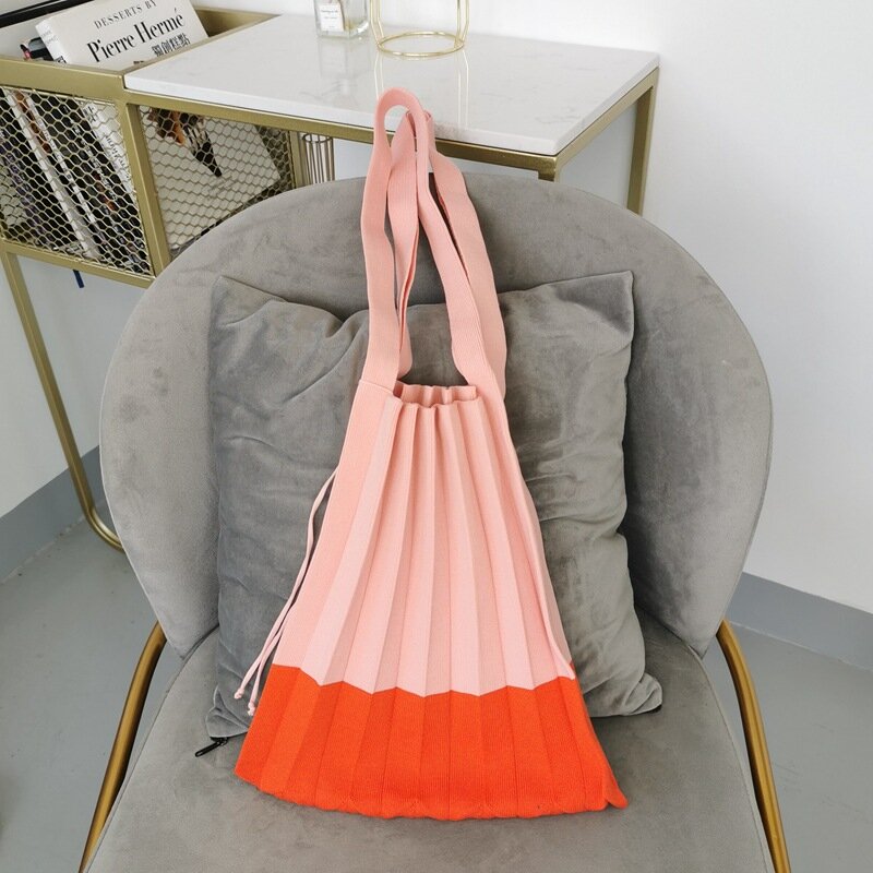 Сумка для покупок с плиссированным дизайном, складная, цветная, вязаная, одно плечевая, аккордеонная сумка для женщин, пэчворк