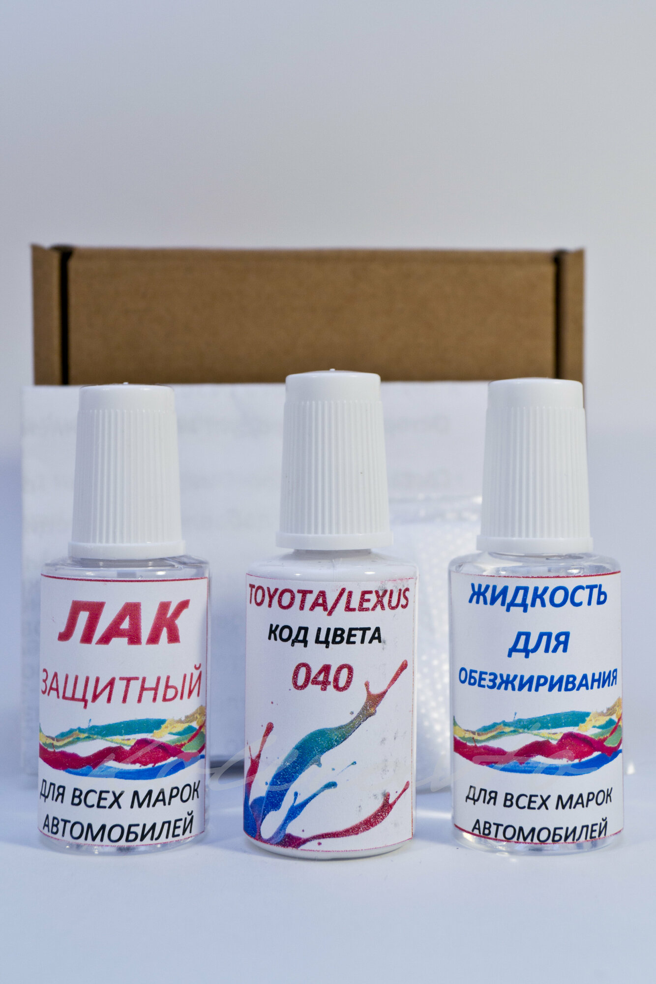 Подкраска для сколов во флаконе с кисточкой 040 для Toyota / Lexus Белый, Super White, краска+лак+обезжириватель 3 предмета