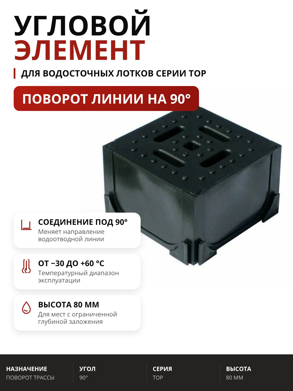 Угловой элемент для лотка водостока серии TOP с пластиковой крышкой