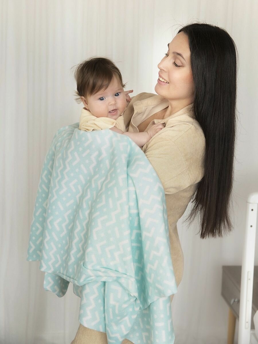 Плед для новорожденного 100х140 флисовый детский Tessolo Home, в кроватку коляску, "Орнамент", морская волна