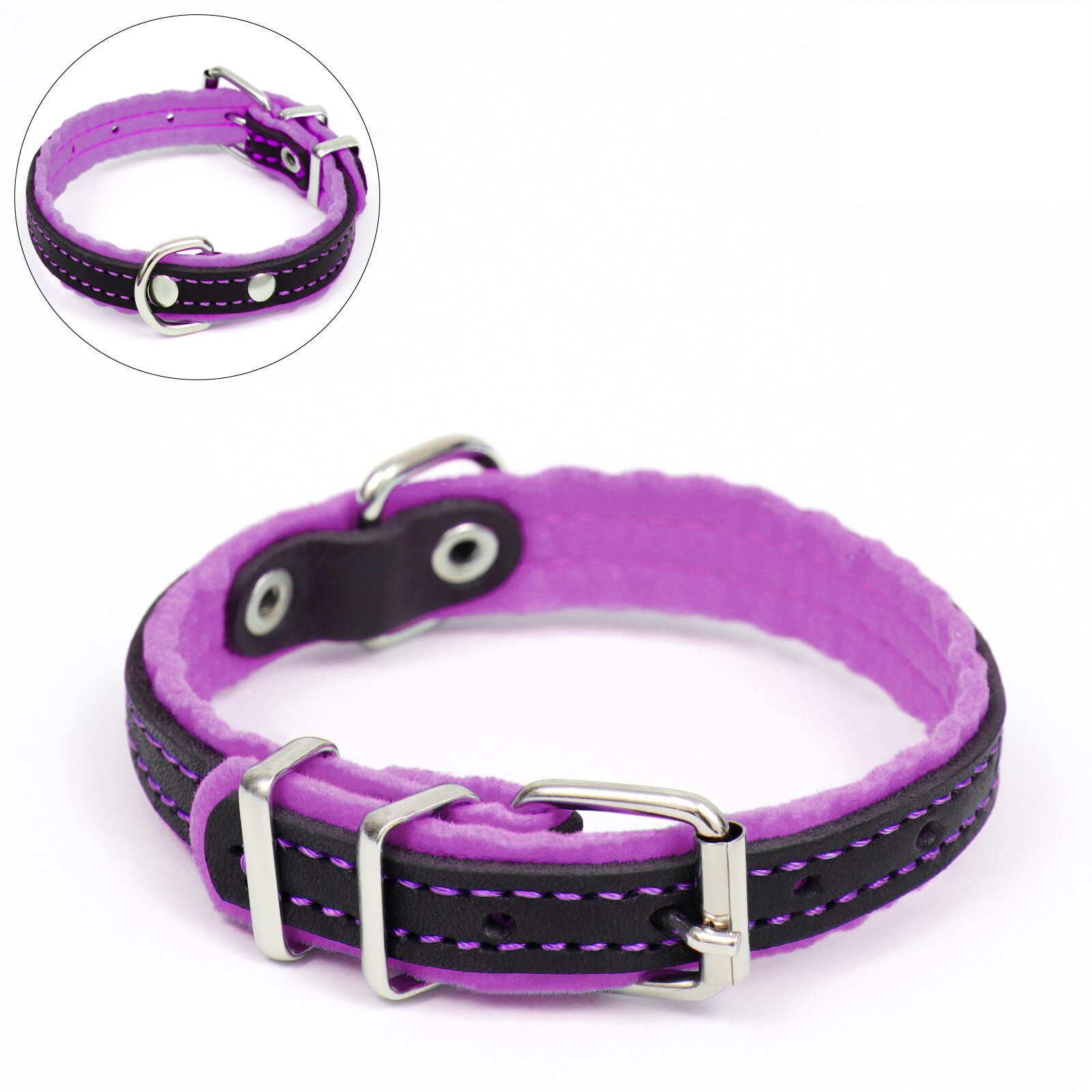 Ошейник кожаный с подкладом "Фетр", 1,6 см, ОШ 20-28 см, чёрный/фиолетовый