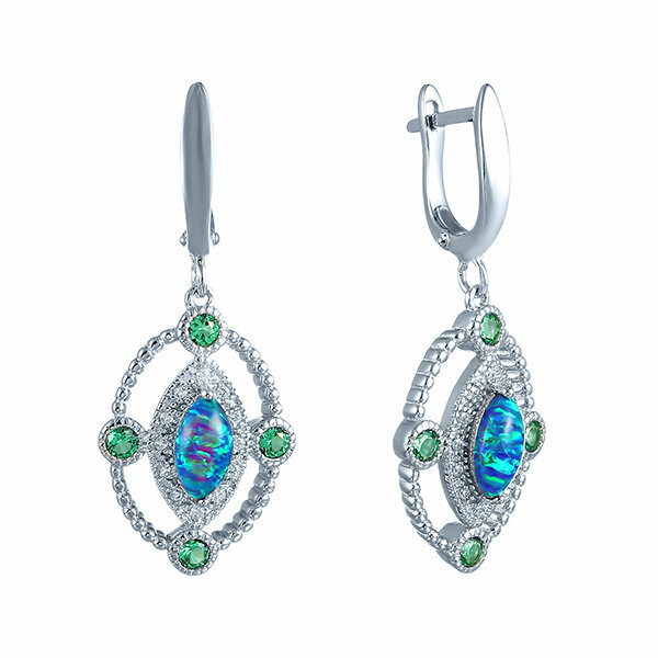Серьги, серебро, 925 проба, фианит, опал синтетический