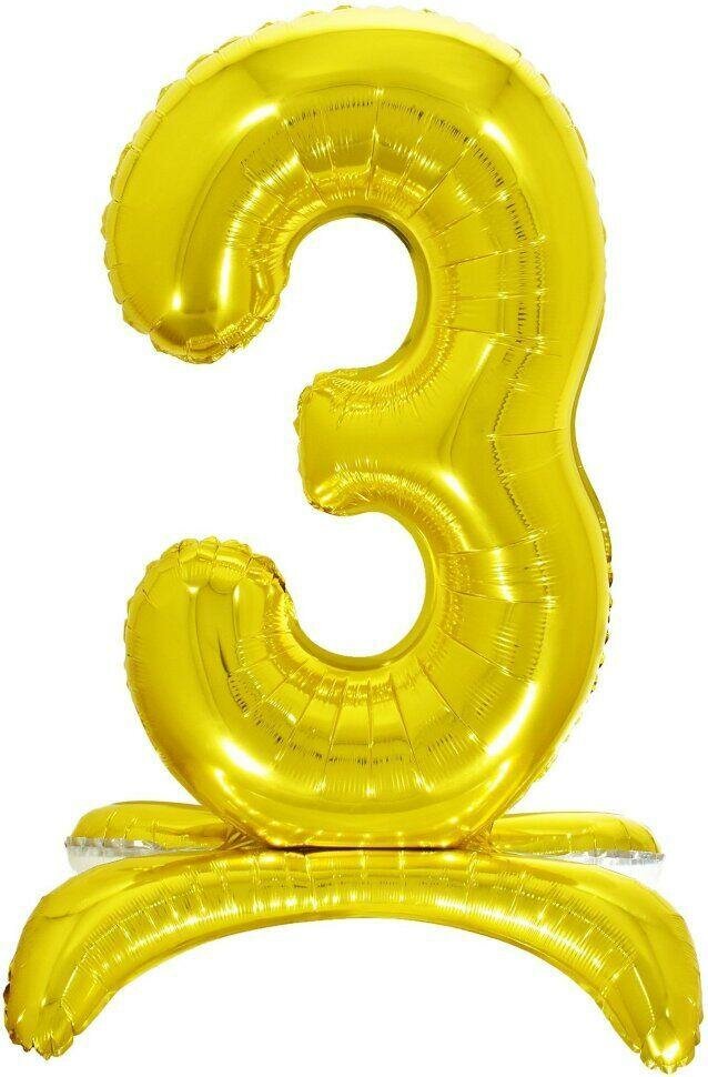 Шар (32'/81 см) Цифра, 3 на подставке, Золото, 1 шт. в упак.