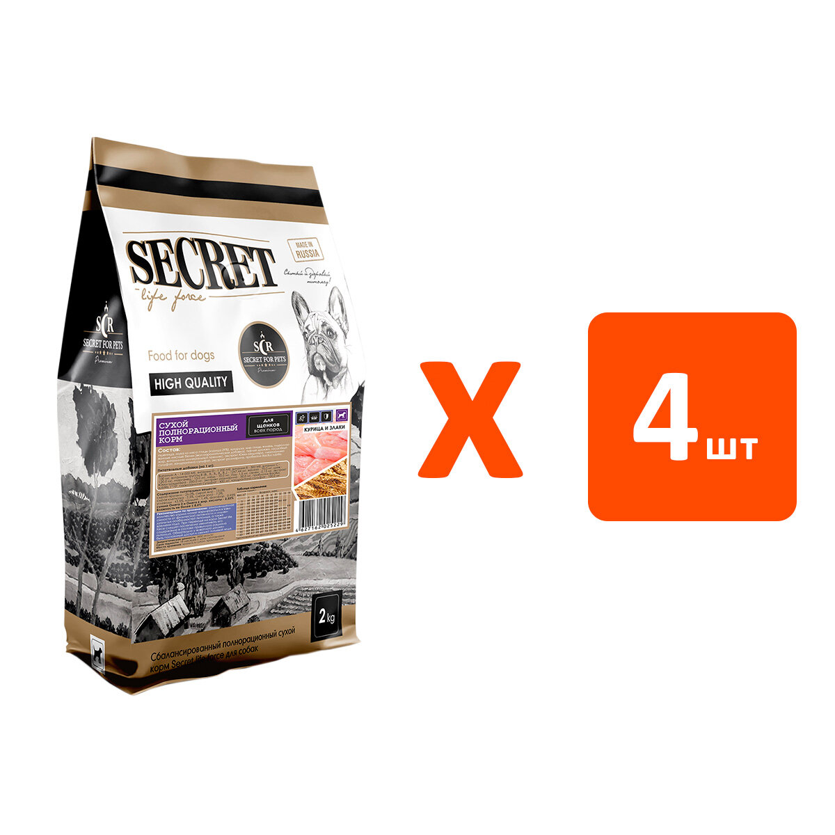 SECRET LIFE FORCE для взрослых собак маленьких пород с курицей и злаками (2 кг х 4 шт)