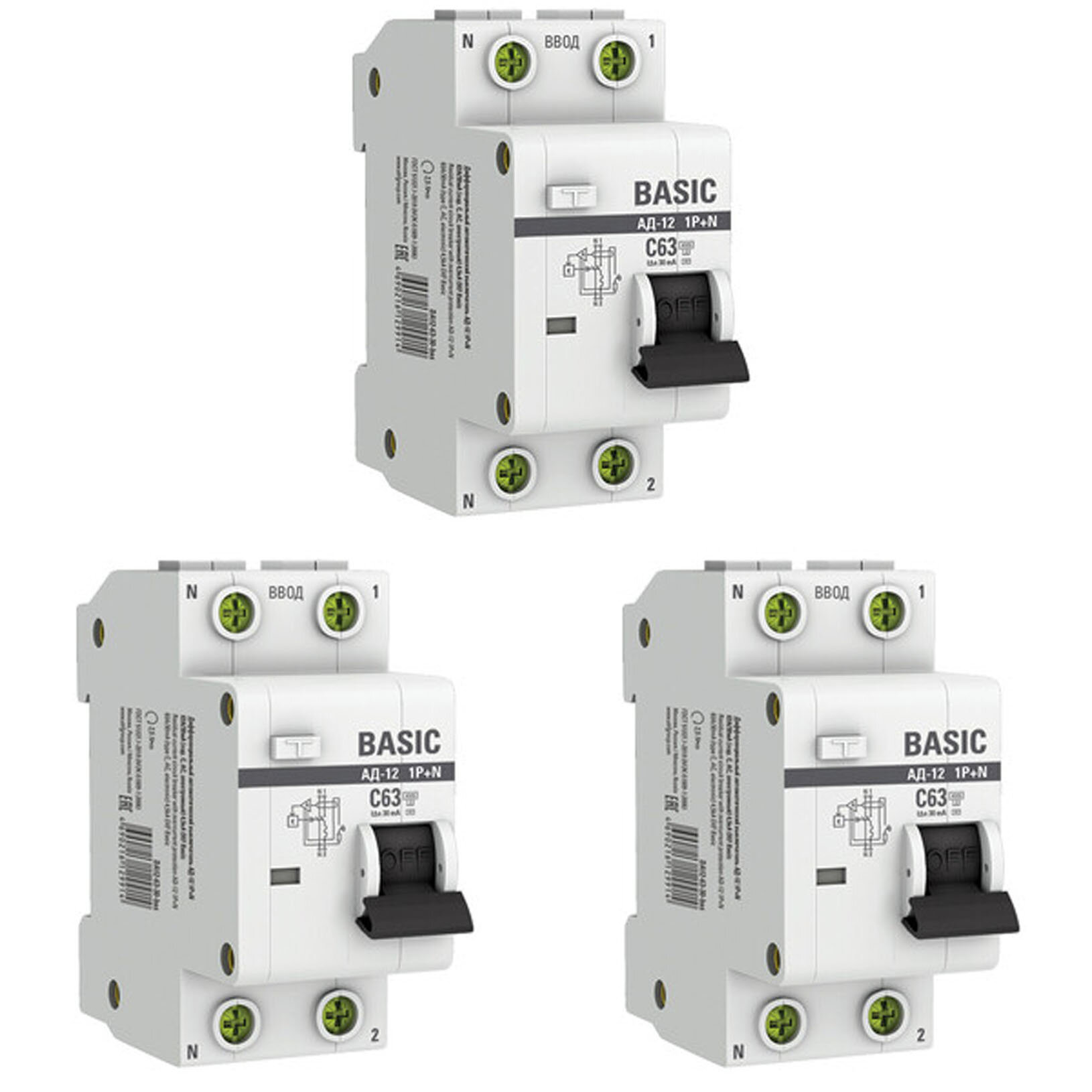 Автомат дифференциальный EKF Basic АД-12 63А 30 мА 1P+N тип АС 4,5 кА (DA12-63-30-bas) (3 шт.)