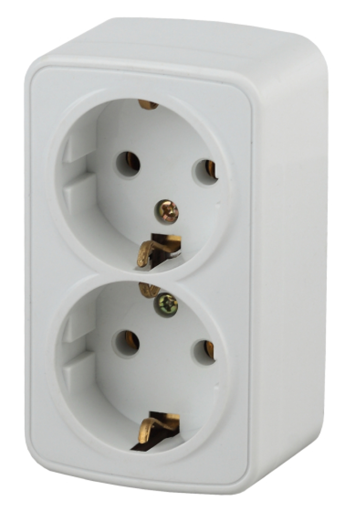 Розетка силовая штепсельная ЭРА Intro Polo 3-204-01, 16А 250В IP20 белый 2х2P+E Schuko, открытой установки с заземляющими контактами, Б0036100 / электрооборудование