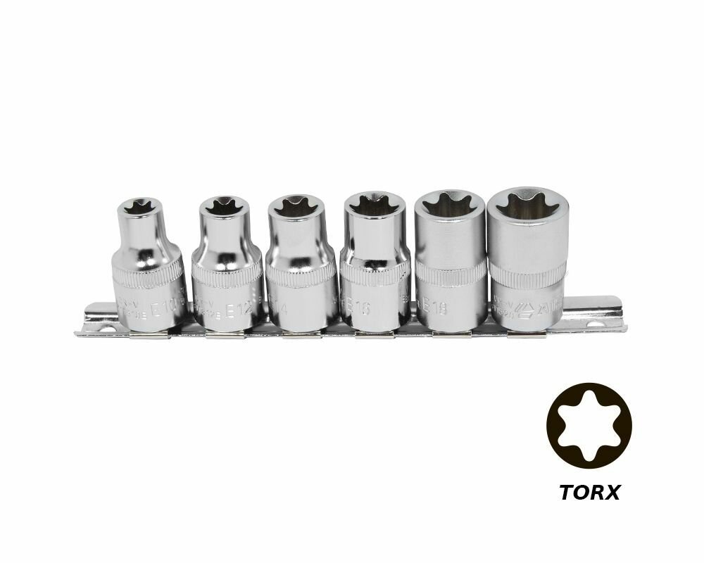 Набор торцевых головок TORX (торкс звездочка Е-тип) E10-E20 1/2" дюйма на планке AIST 401506 6 предметов под большую трещотку