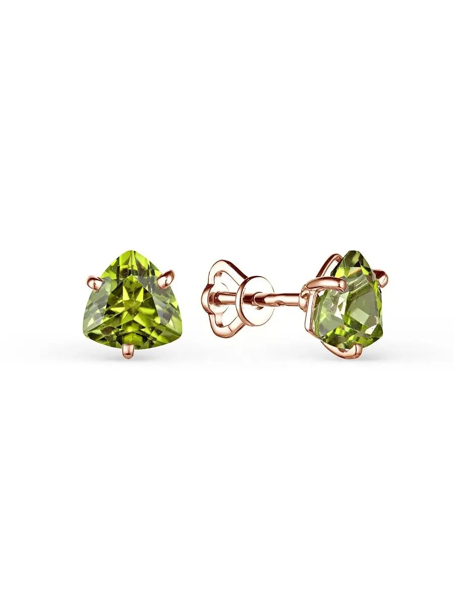Серьги пусеты, красное золото, 585 проба, бриллиант, хризолит