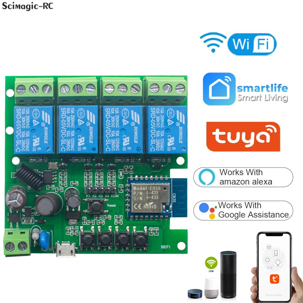 Scimagic-RC Умный Wi-Fi реле 4 канала 24В 220В 4CH 85-250V no shell