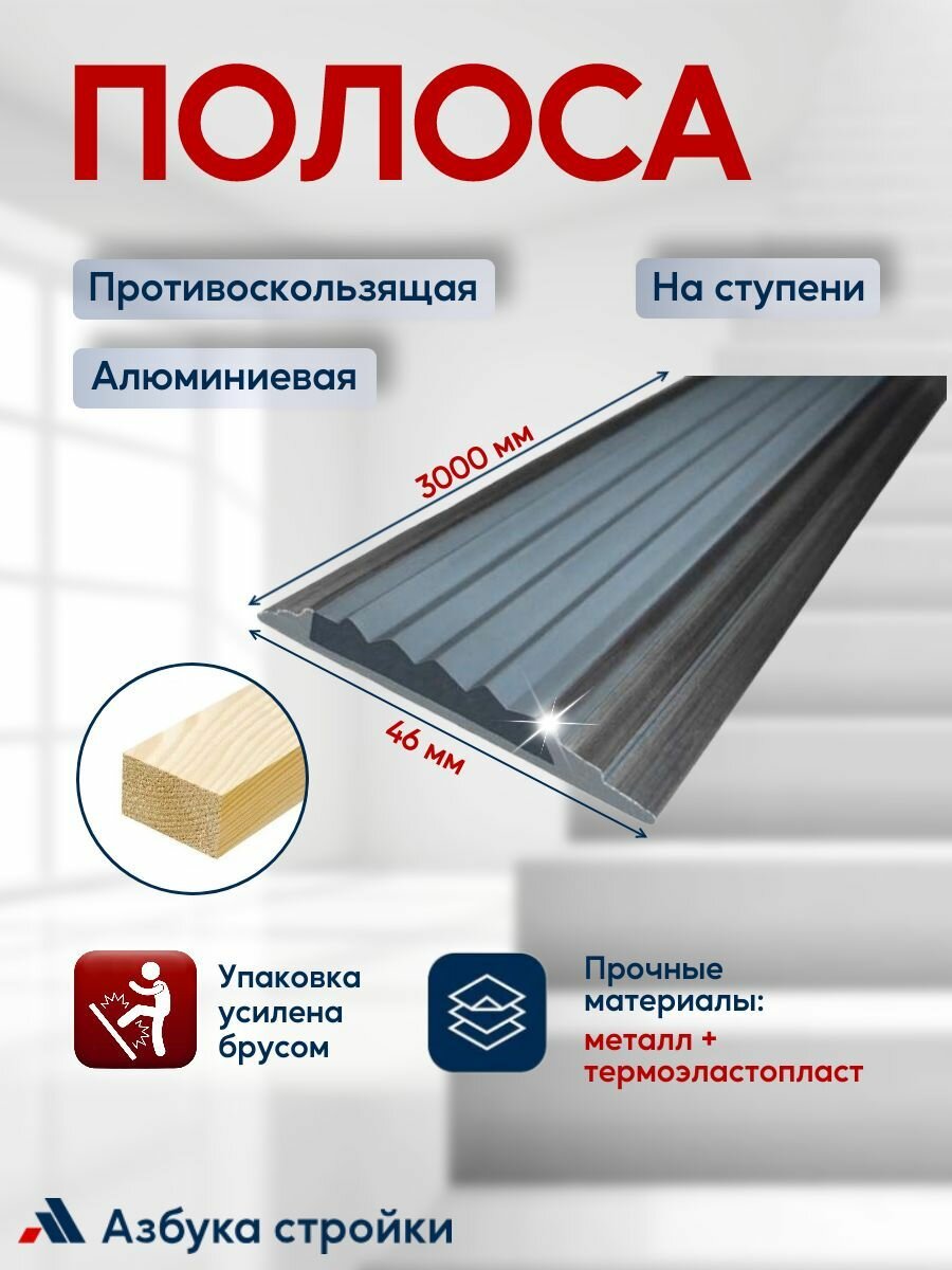 Противоскользящая алюминиевая накладная полоса с резиновой вставкой на ступени 46 мм/5 мм 3,0 м, серый