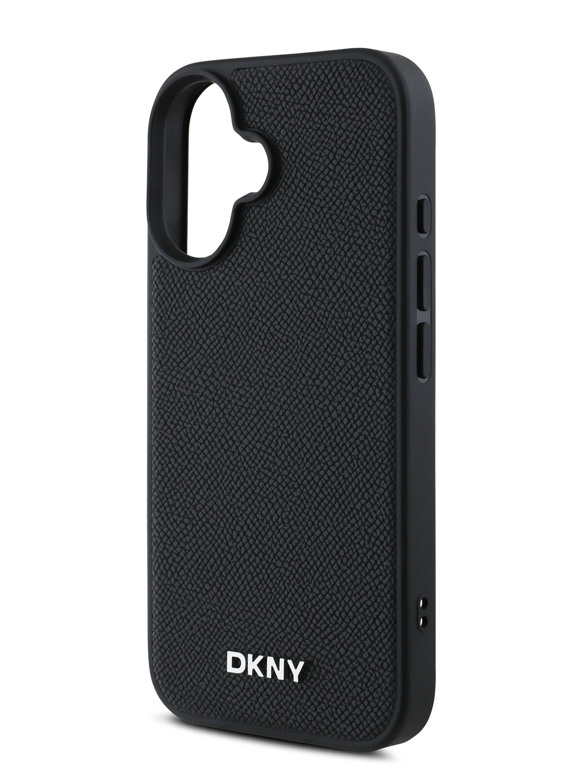 DKNY для iPhone 16 чехол PU Grained leather Metal logo Hard Black (MagSafe)