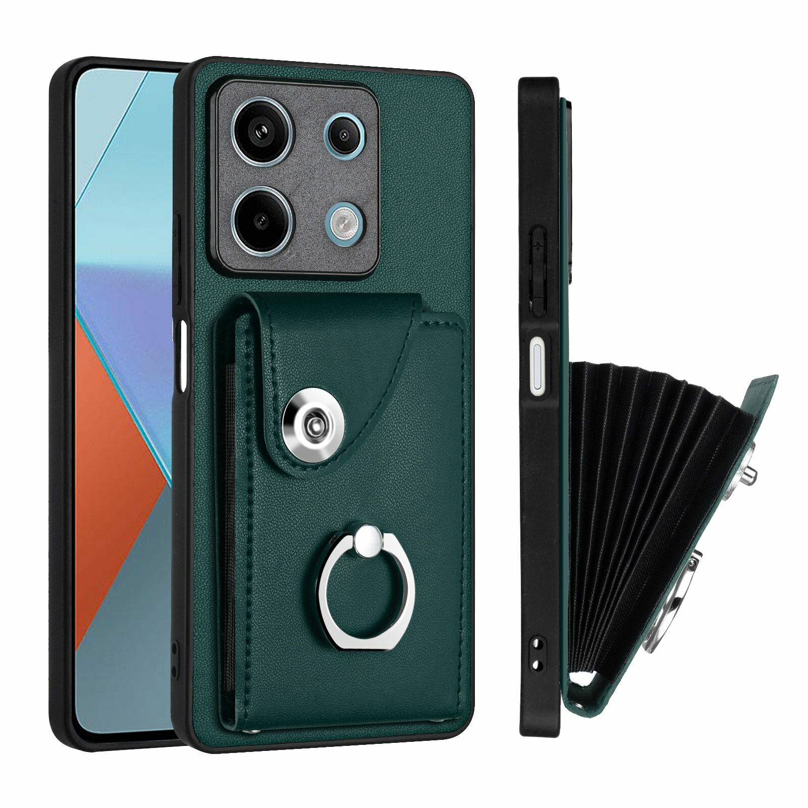 Кожаный чехол для Xiaomi Redmi Note 13 5G (Редми Ноут 13 5Г) с кнопкой, бумажником, визитницей и коротким ремешком