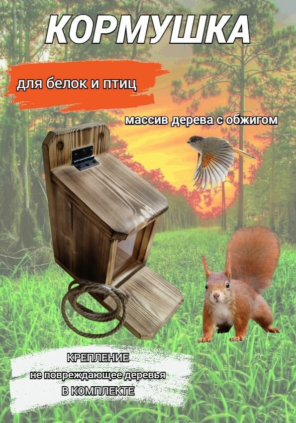 Кормушка Petrov Home для птиц и белок из дерева с обжигом, уличная