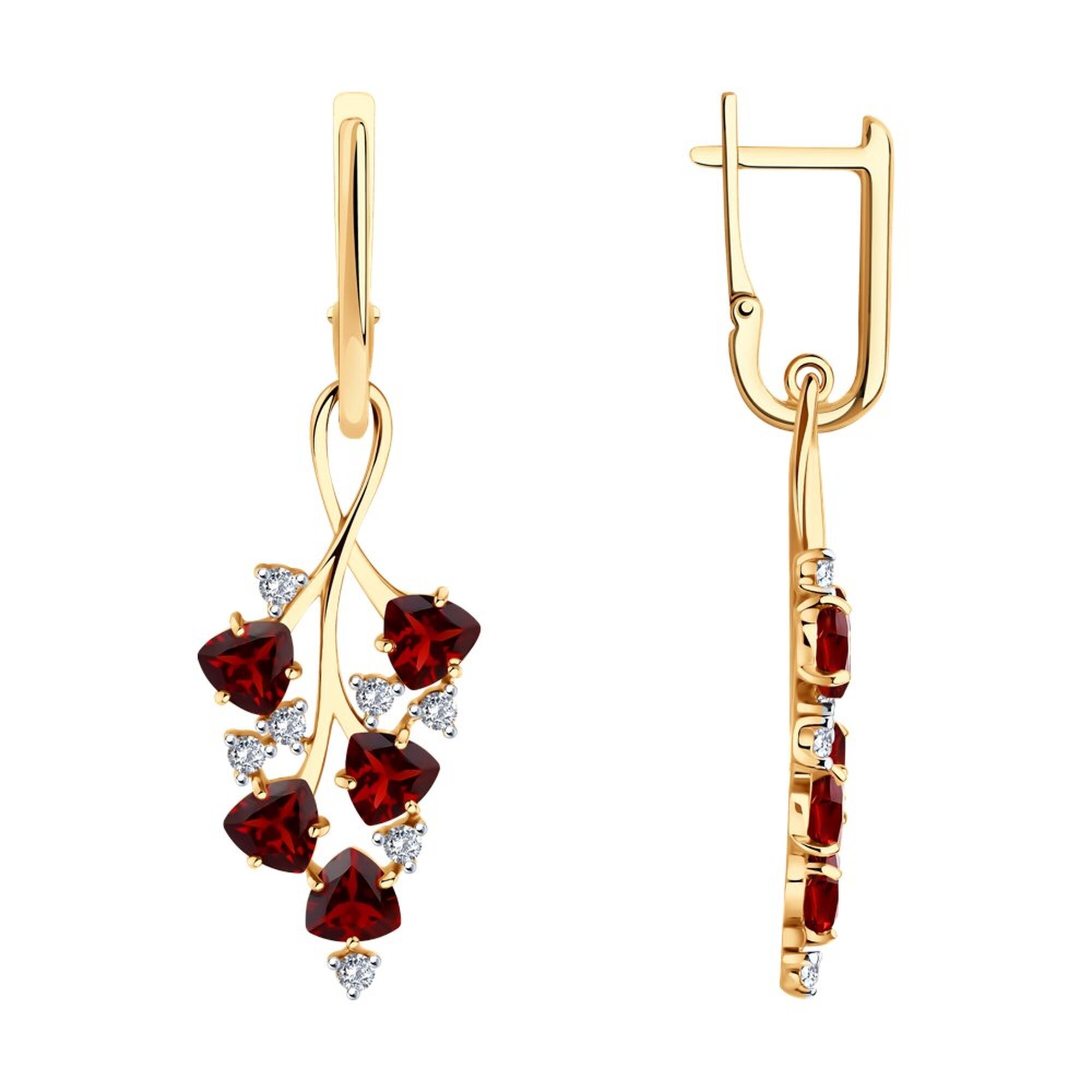 Серьги, серебро, 925 проба, золочение, гранат, фианит