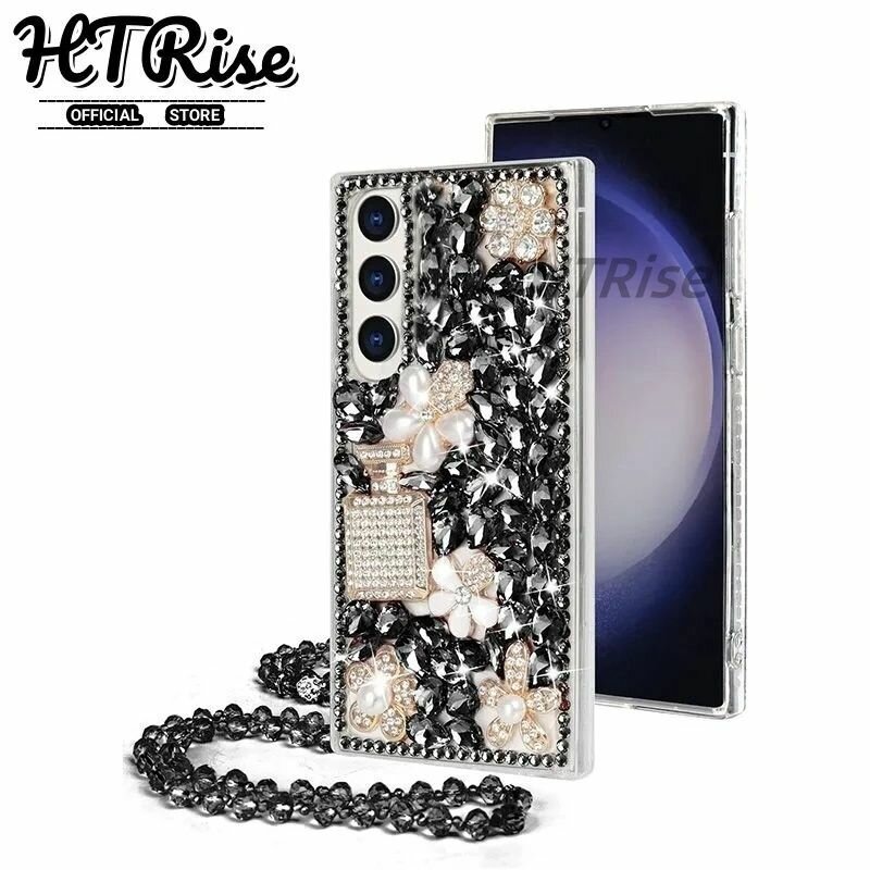 Чехол для Samsung Galaxy S25 Plus (Самсунг Галакси С25 Плюс) Luxury 3D с бриллиантовым кристаллом, блестящим флаконом духов и цветочным чехлом для телефона, блестящей цепочкой и ремешком-шнурком