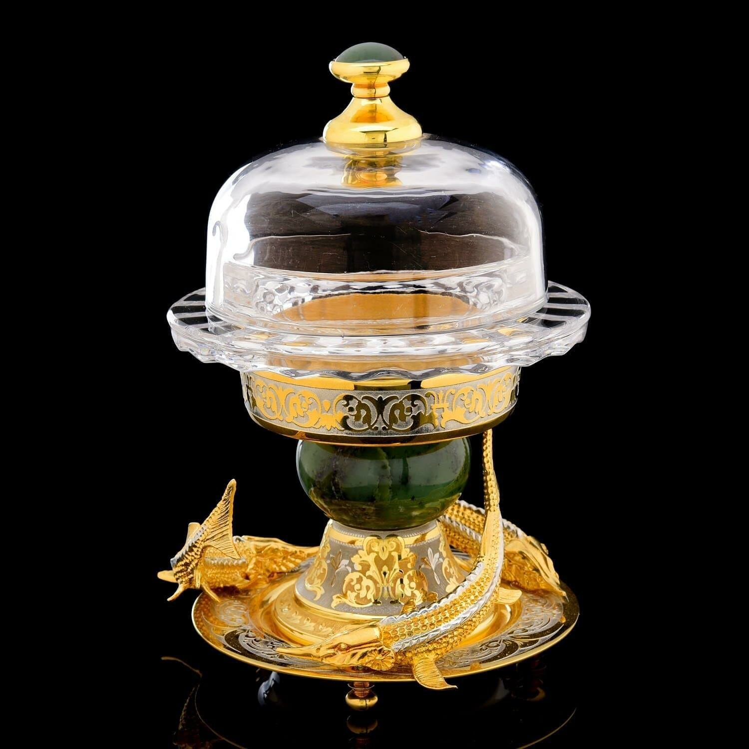 0011121/Ф Златоуст Икорница "Три осетра (стерлядки)" Нефрит