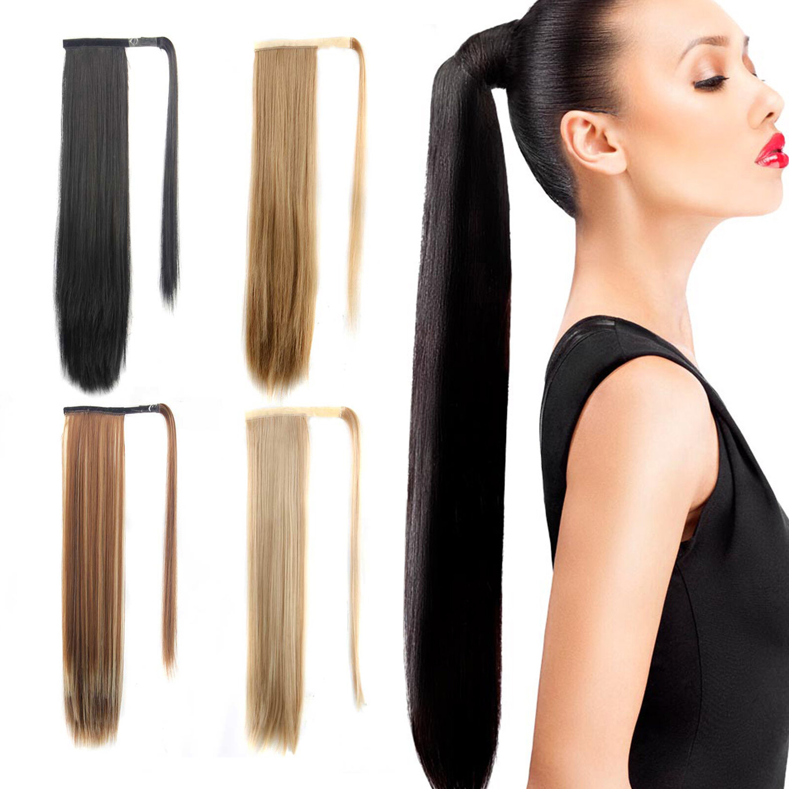 Женский длинный прямой парик с хвостиком, накладные волосы, обертывание вокруг, накладные волосы с застежкой-липучкой, синтетический шиньон