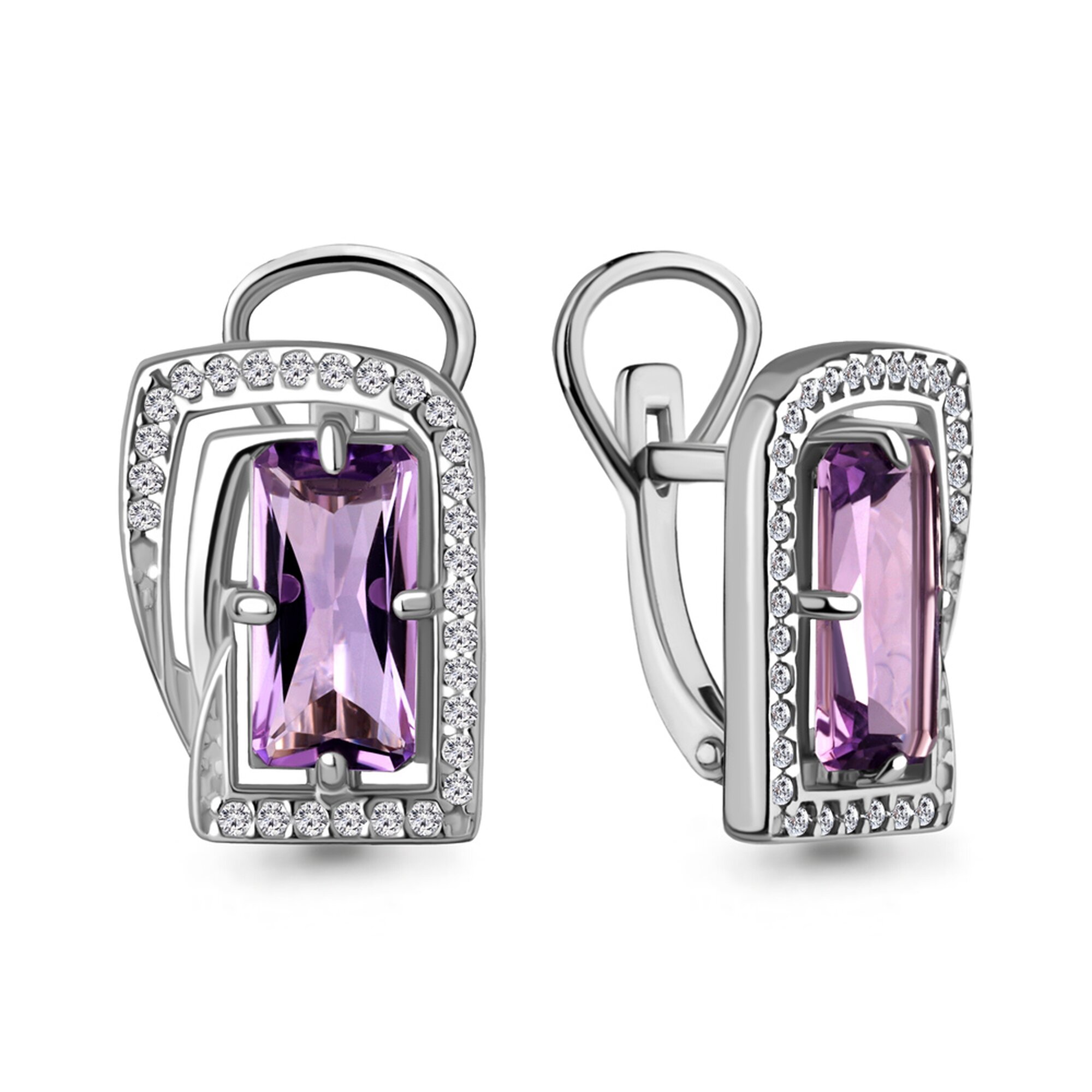 Серьги, серебро, 925 проба, родирование, фианит, аметист