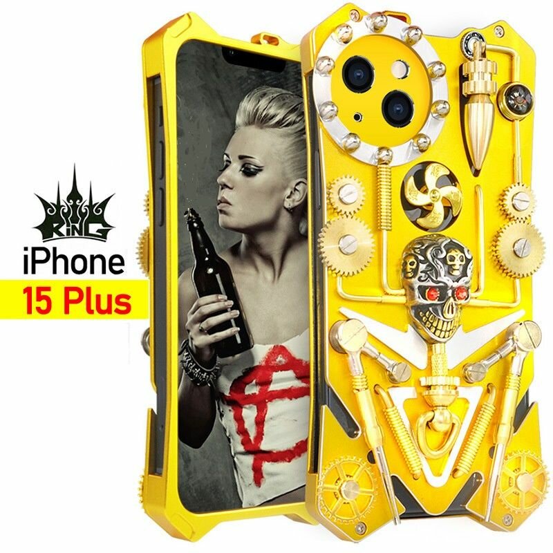 Металлическая оболочка для Apple iPhone 15 Plus (Айфон 15 Плюс ), Противоударный чехол ZIMON Steampunk Powerful Metal Shockproof Case (Золотой)