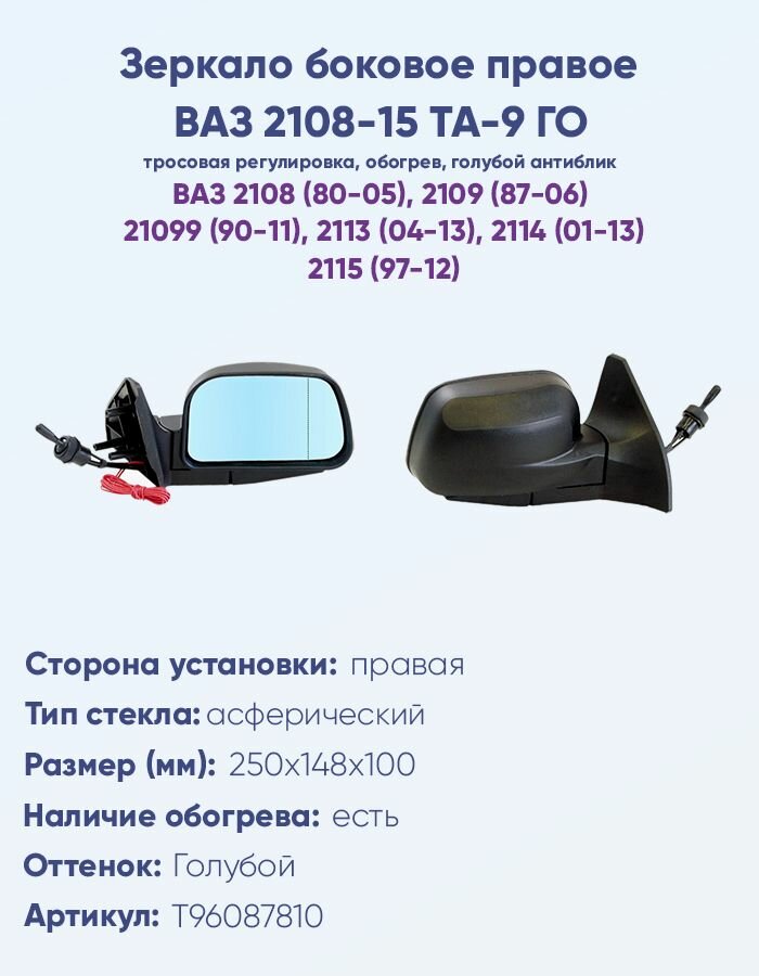 Зеркало боковое правое ВАЗ 2108-2115 модель ТА-9 ГО с тросовым приводом регулировки, с асферическим противоослепляющим отражателем голубого тона и системой обогрева.