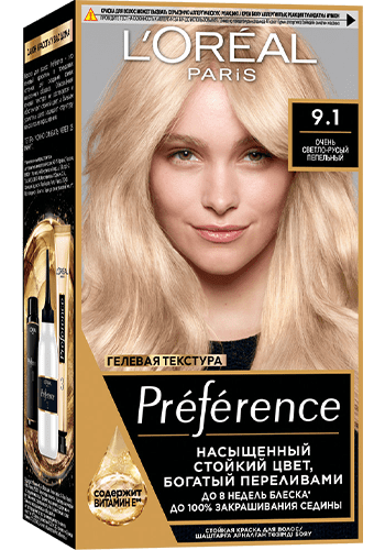 Краска для волос L'Oreal "Preference", стойкая, экстраблеск, 9,1, викинг, пепельный