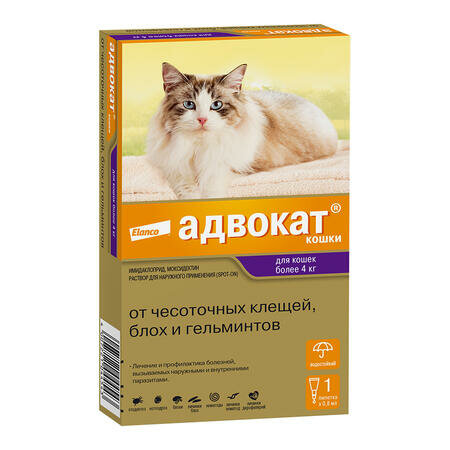 ELANCO Адвокат 1 пипетка капли от чесоточных клещей, блох и гельминтов для кошек весом от 4 кг до 8 кг
