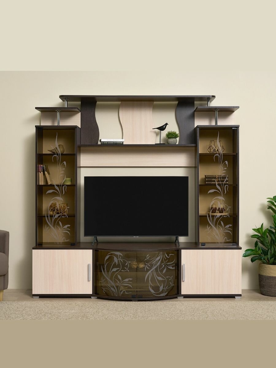 Стенка для гостиной Виста ЛДСП/Стекло 1850х1800х560, Венге/Дуб беленый, МИФ