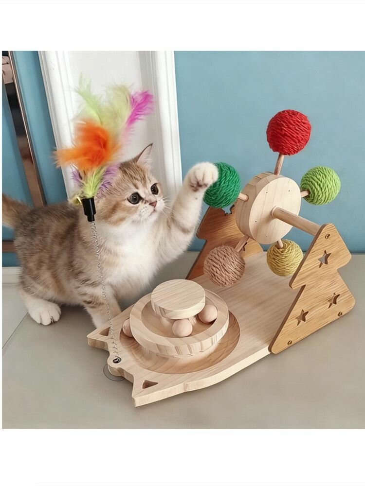 Игрушка для кошек из натурального дерева, 3 режима игры, вращающиеся веревочные шарики и трек с мячиками