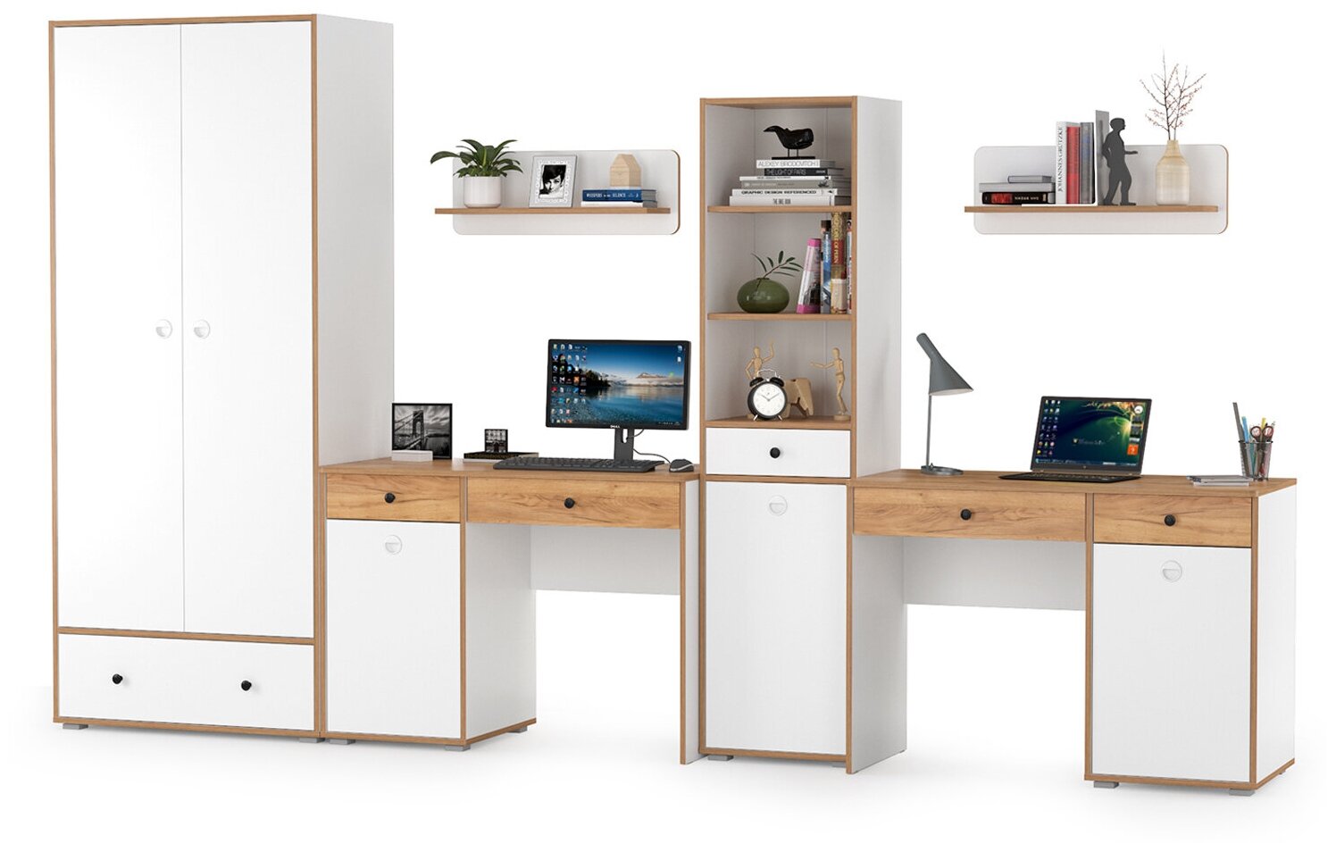 Мебель для детской комнаты для двоих детей Вуди № 30, цвет белый премиум/дуб крафт золотой, ШхГхВ 351х52,7х205 см.