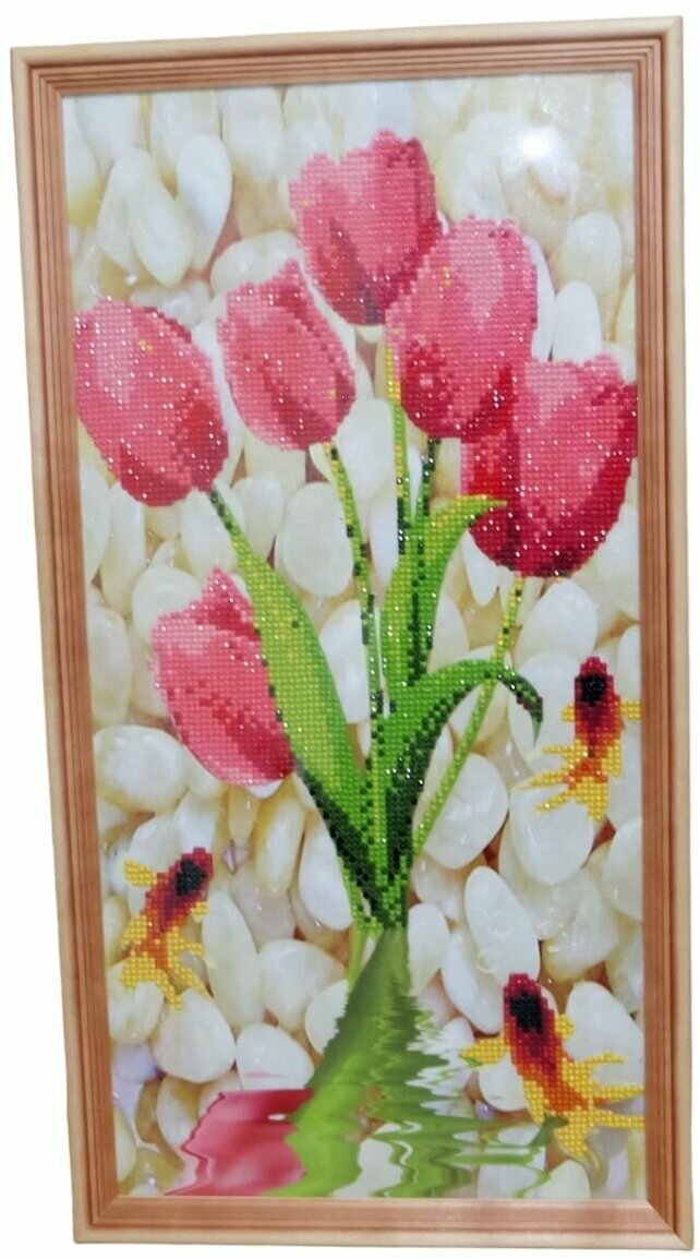 Готовая Алмазная картина "Тюльпаны" ручная работа в рамке без стекла53х28 см.