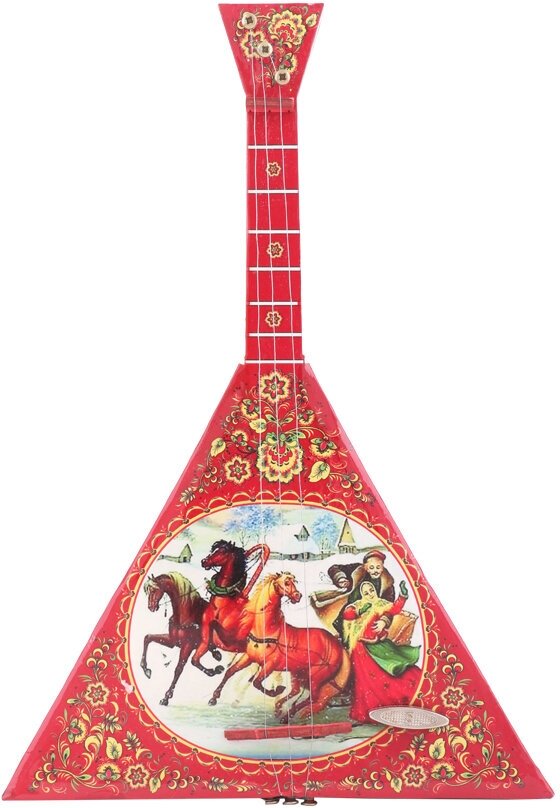 Балалайка деревянная 3-струнная расписная сувенирная Метелица, красная, с музыкальной шарманкой, высота 24см