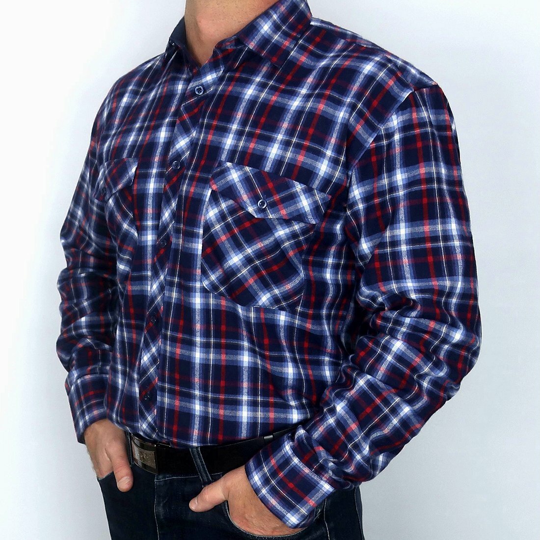 Рубашка Мужская рубашка с длинным рукавом прямая классическая, темная сорочка на пуговицах, рубаха на любой сезон, синяя клетка, с двумя карманами и клапанами, утепленная теплая рубашка