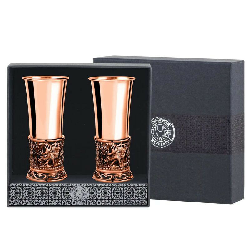 Кольчугинский мельхиор Набор стопок "Лось" медный с чернью 2 предмета (КМ11030206)