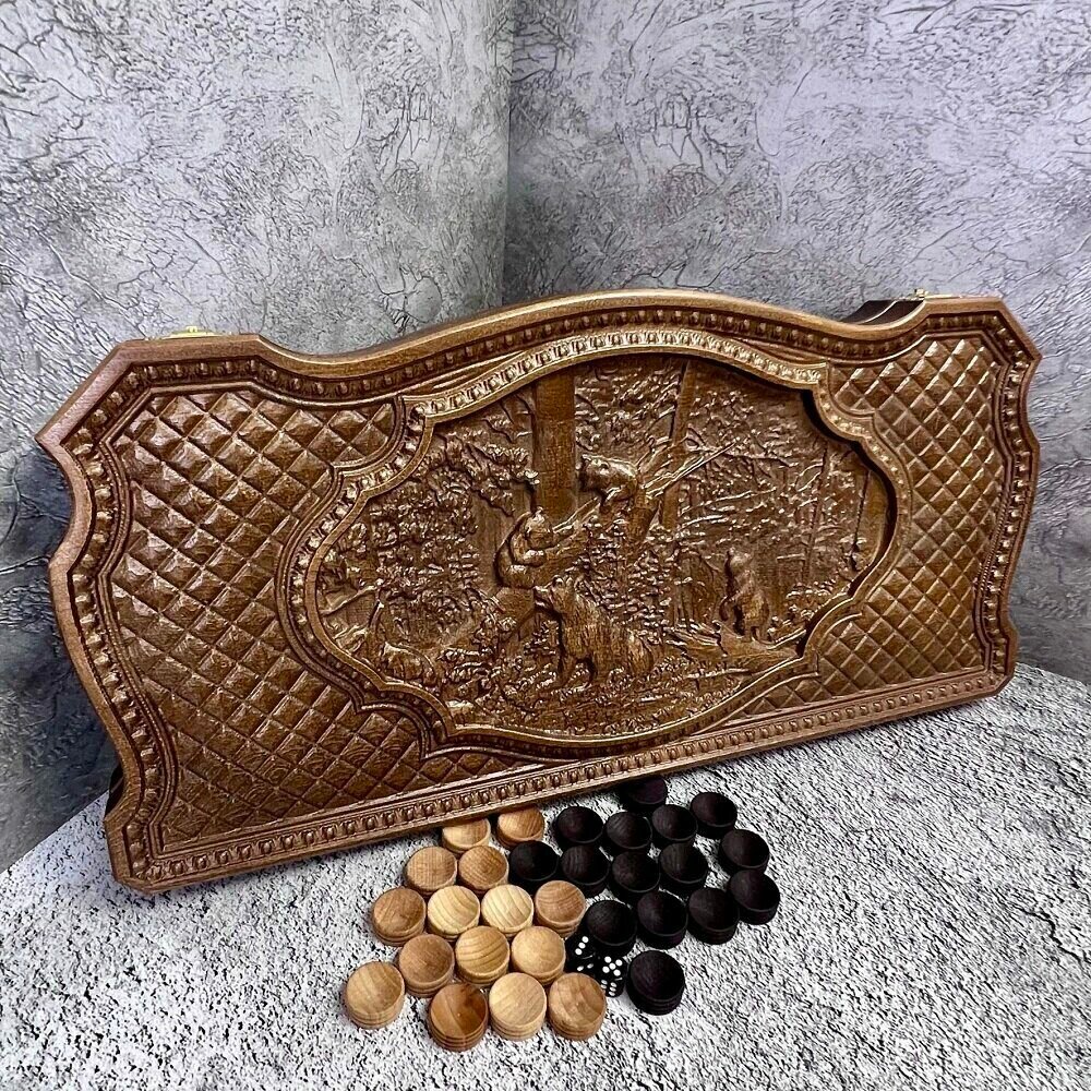 Нарды резные "Ивановские "Мишки", бук, 58х28х5.5 см