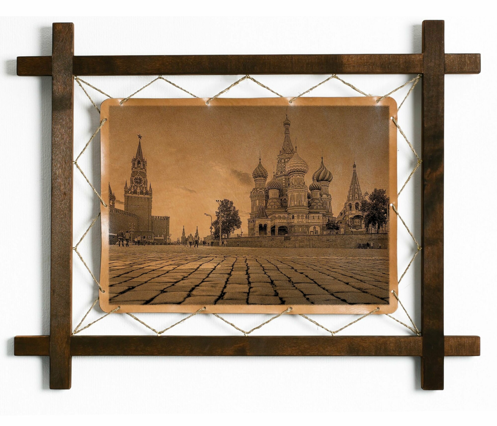 Картина интерьерная, натуральная кожа, "Красная площадь", в деревянной раме, BoomGift