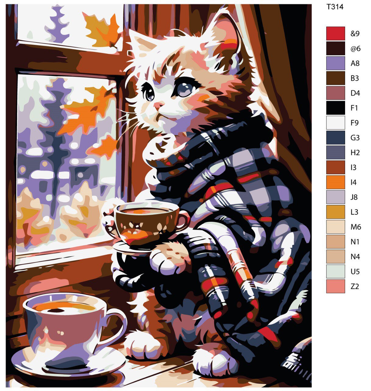 Картина по номерам Т314 "Новый год. Котик в пледу и с чашкой кофе" 70x90