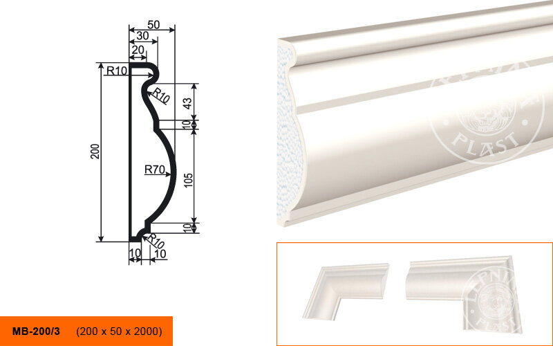 Молдинг Lepninaplast МВ-200/3, фасадный, армированный, пенополистирол ПСБ-С-35, 2 метра, 1 шт.