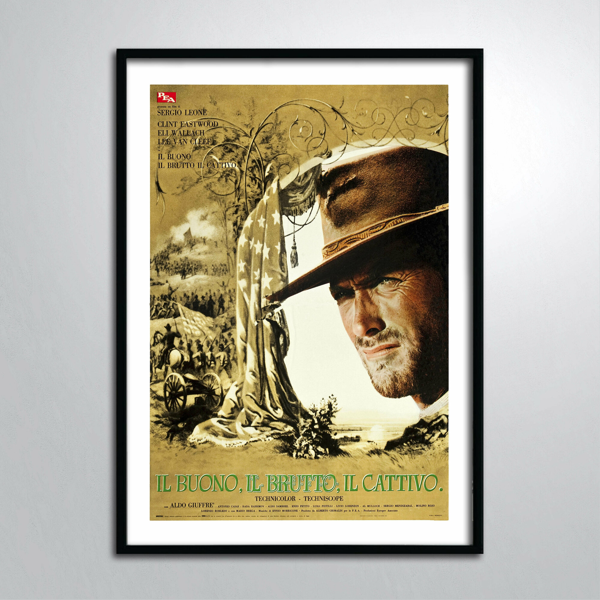 Постер без рамы/Винтажный плакат/ Серджио Леоне Хороший, плохой, злой (1966) Клинт Иствуд Сепия Il buono, il brutto, il cattivo