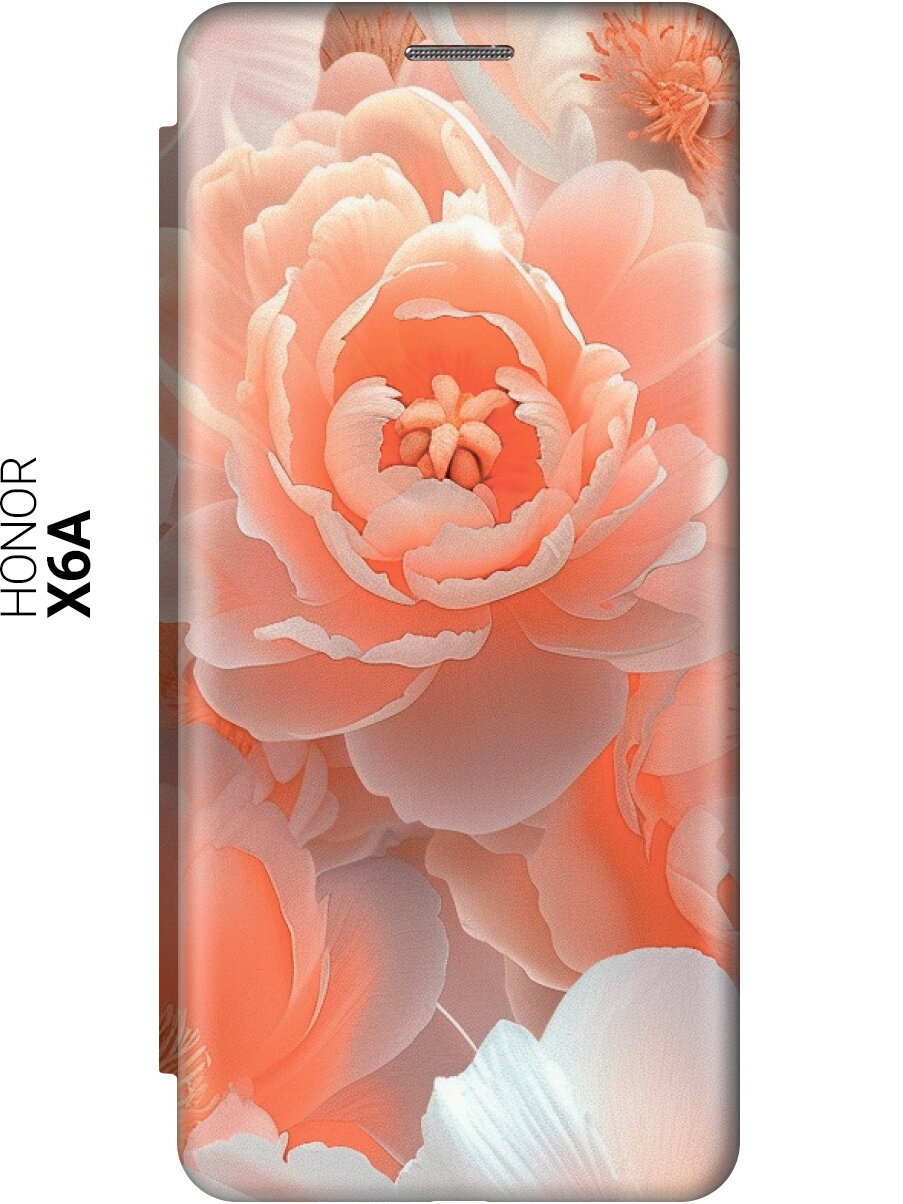 Чехол-книжка на Honor X6a с принтом "Персиковые пионы" золотой
